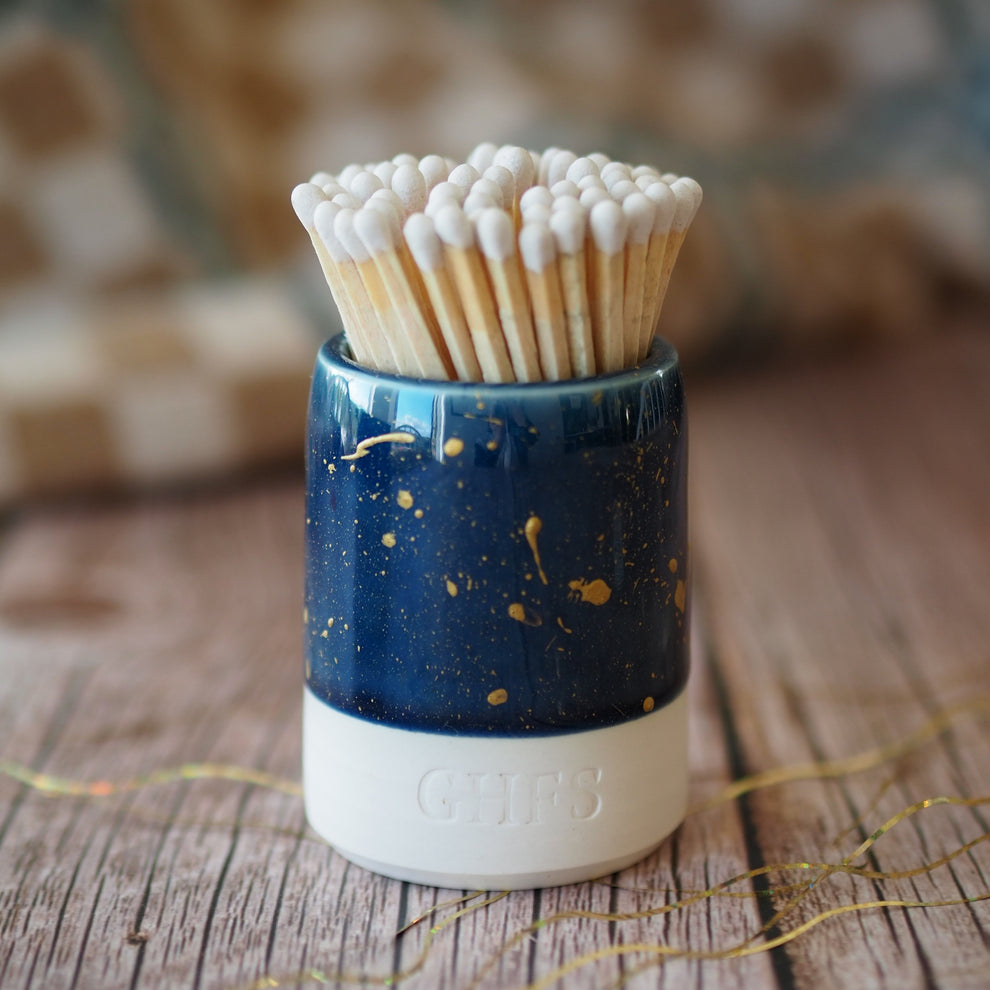 Ceramic Match Pot - Navy Blue with Gold Splatter – Great House Farm Stores